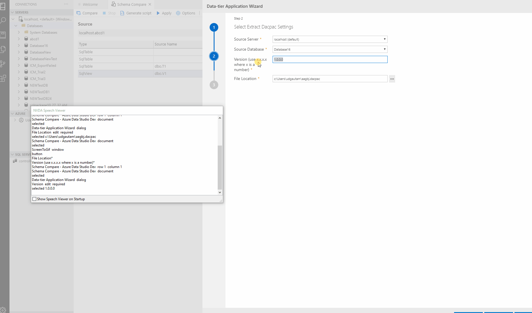 A11y_AzureDataStudio(Schema,Dacpac,Backup)_ImportBacpac_ImportBacpacSettings_ScreenReader:The ...