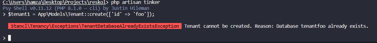 Error when trying to run Tinker to create tenant · Issue #1059 · archtechx/tenancy · GitHub