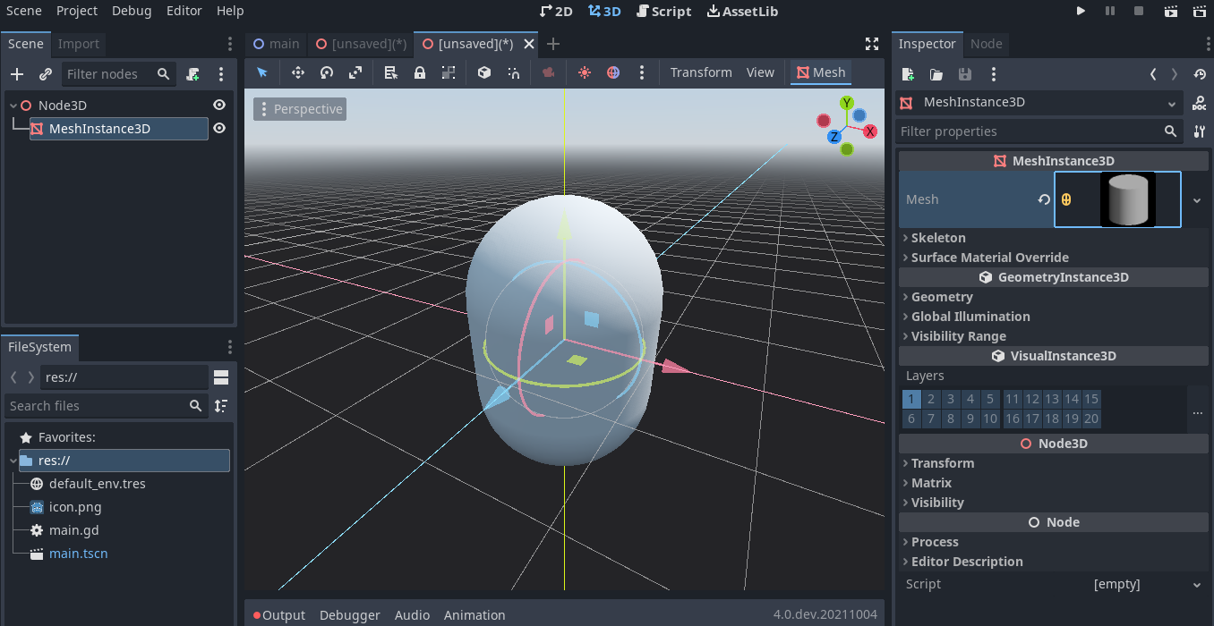 When adding Capsule Mesh primitive to a Meshinstance, the mesh preview in the Inspector shows a ...