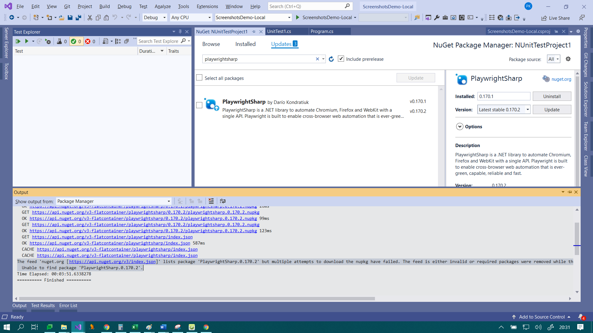 The feed 'nuget.org [https://api.nuget.org/v3/index.json]' lists package 'PlaywrightSharp.0.170. ...