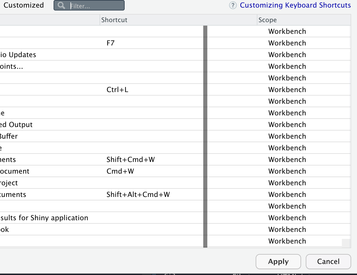 Flashing scrollbar in Modify Keyboard Shortcuts · Issue #3707 · rstudio/rstudio · GitHub