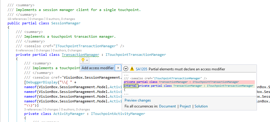 SA1205 wrongfully identifies the lack of access modifier and suggests a ...