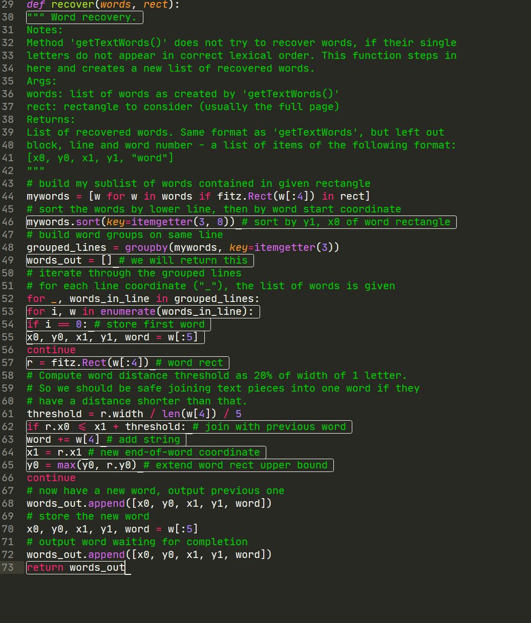 How To Copy Text code From PDF With Indentation using Pymupdf Issue