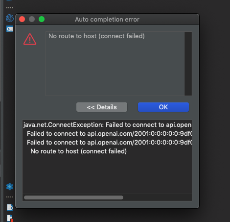 Getting java.net.ConnectException Error when trying to translate text to sql using openai api ...