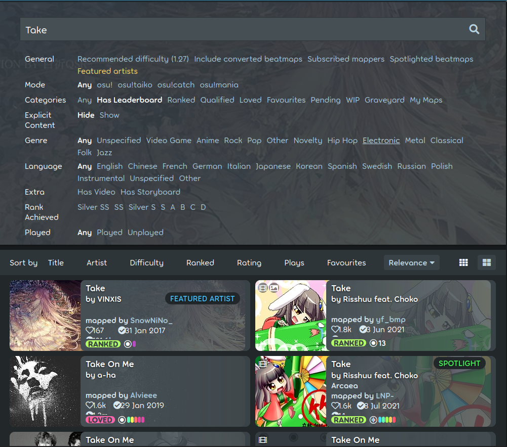 osu!lazer beatmap search results differs from website beatmap search ...