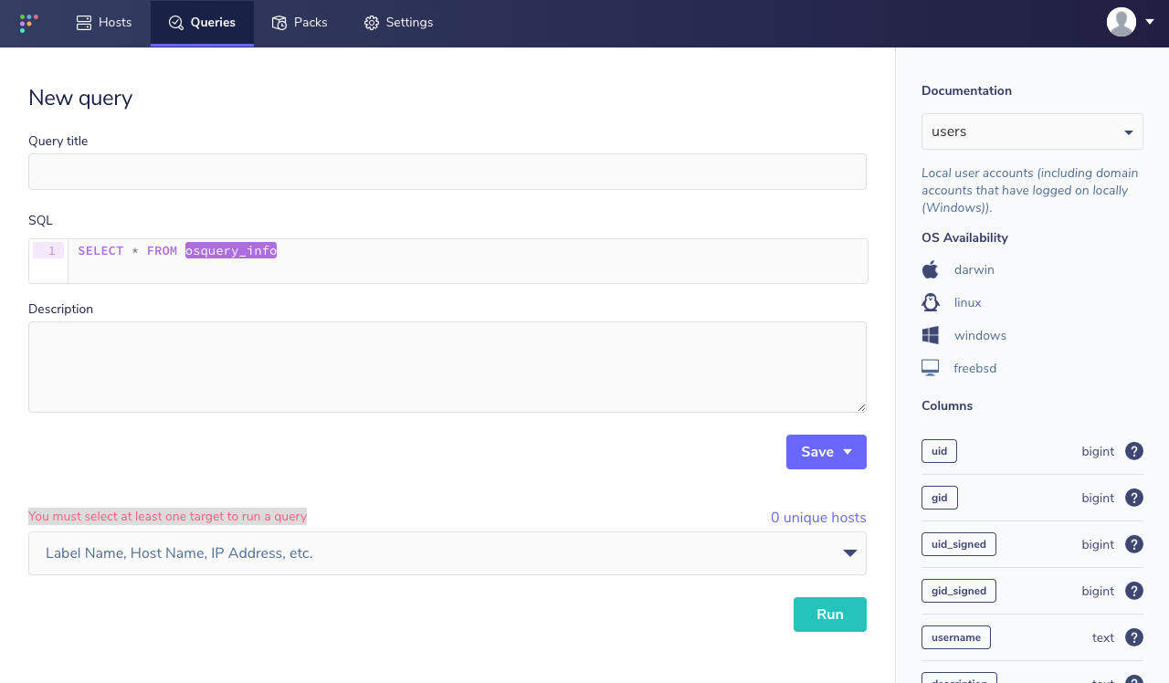Live query UI doesn't handle case when a selected target contains 0 ...