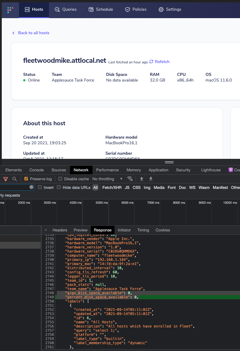 Vitals: Disk space not showing up for macOS (sometimes) · Issue #2374 · fleetdm/fleet · GitHub