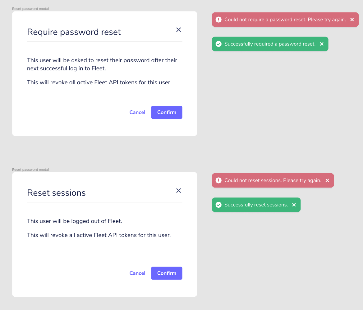 Add the success and error flash messages for "Require password reset" and "Reset sessions ...