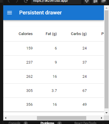 If you use 'persistent drawer' combined with 'table', the table wouldn't overflow properly ...