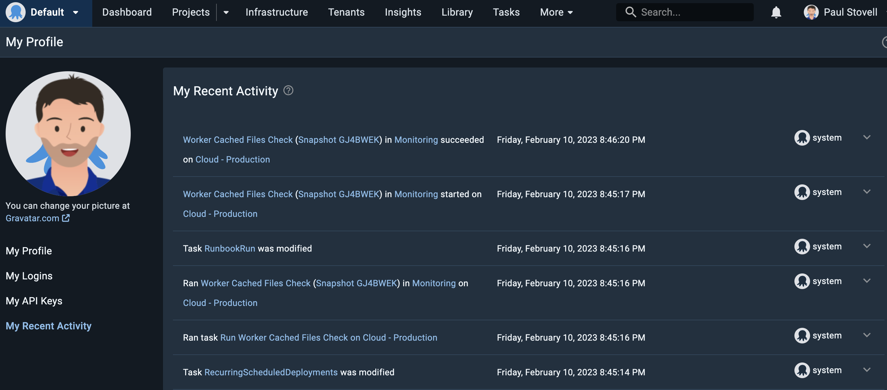 My Recent Activity page shows activity by the "system" account · Issue ...