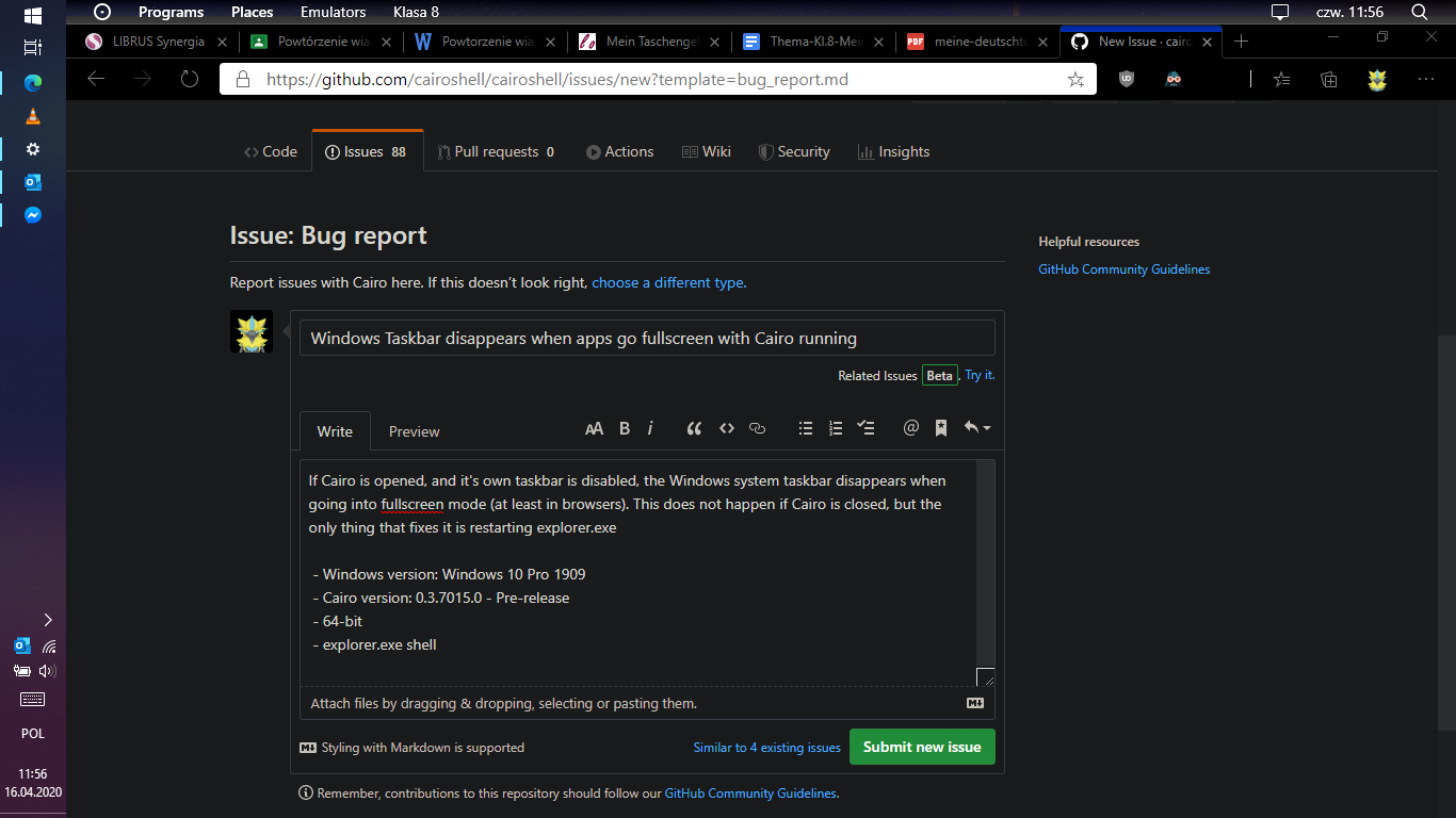Windows Taskbar disappears when apps go fullscreen with Cairo running · Issue #377 · cairoshell ...