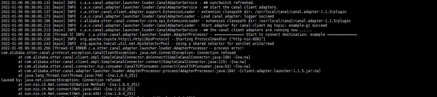 使用canal 1.1.5 adapter，tcp连接，启动报错，AdapterProcessor - process error! · Issue #4002 · alibaba/canal ...