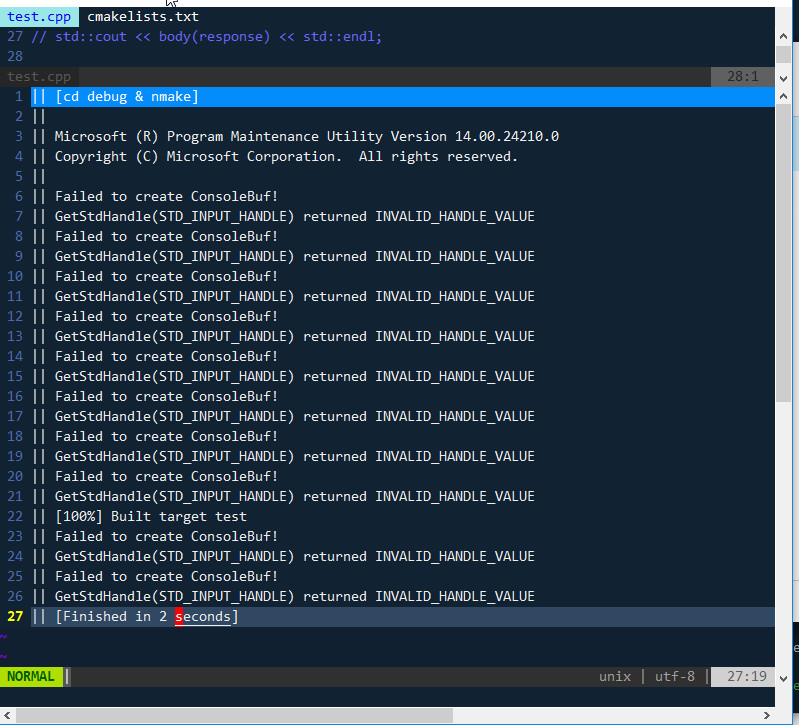 'Failed to create ConsoleBuf!' when buid with nmake · Issue #119 · skywind3000/asyncrun.vim · GitHub