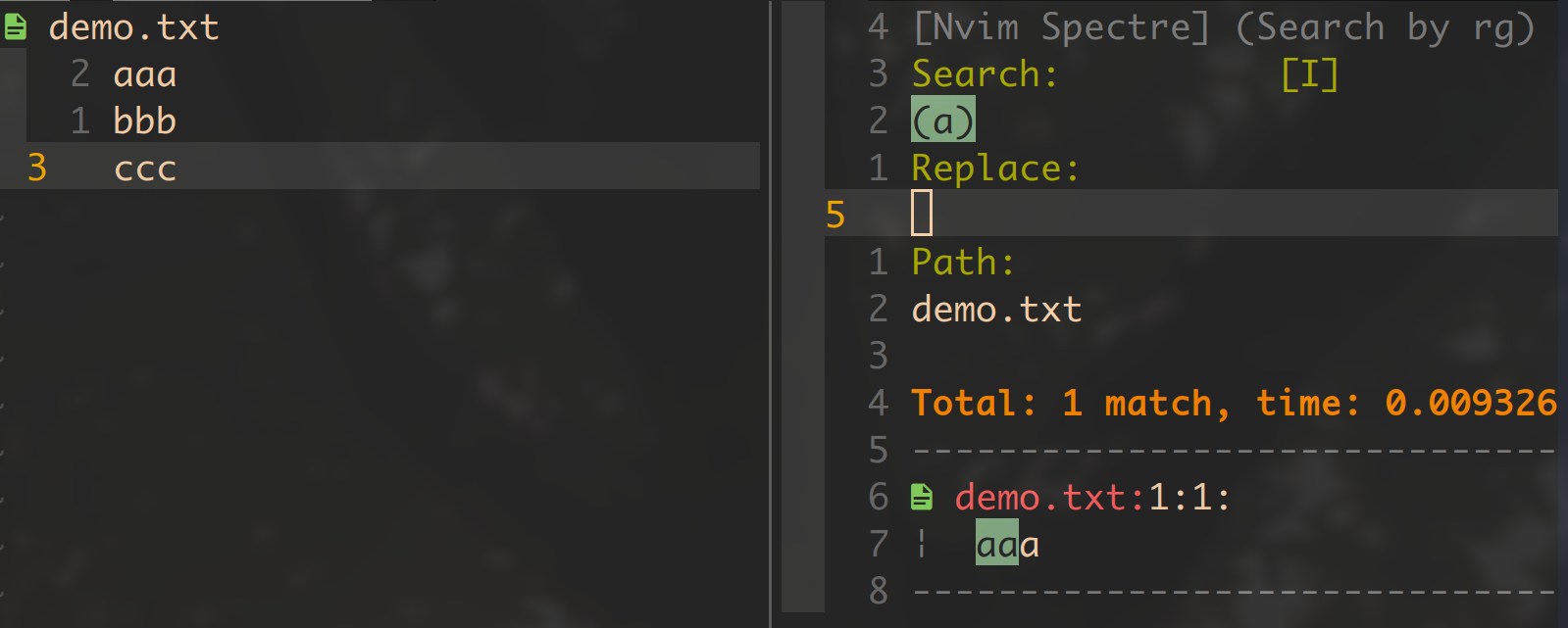 Search single character must use () to enclose it. · Issue #103 · nvim-pack/nvim-spectre · GitHub