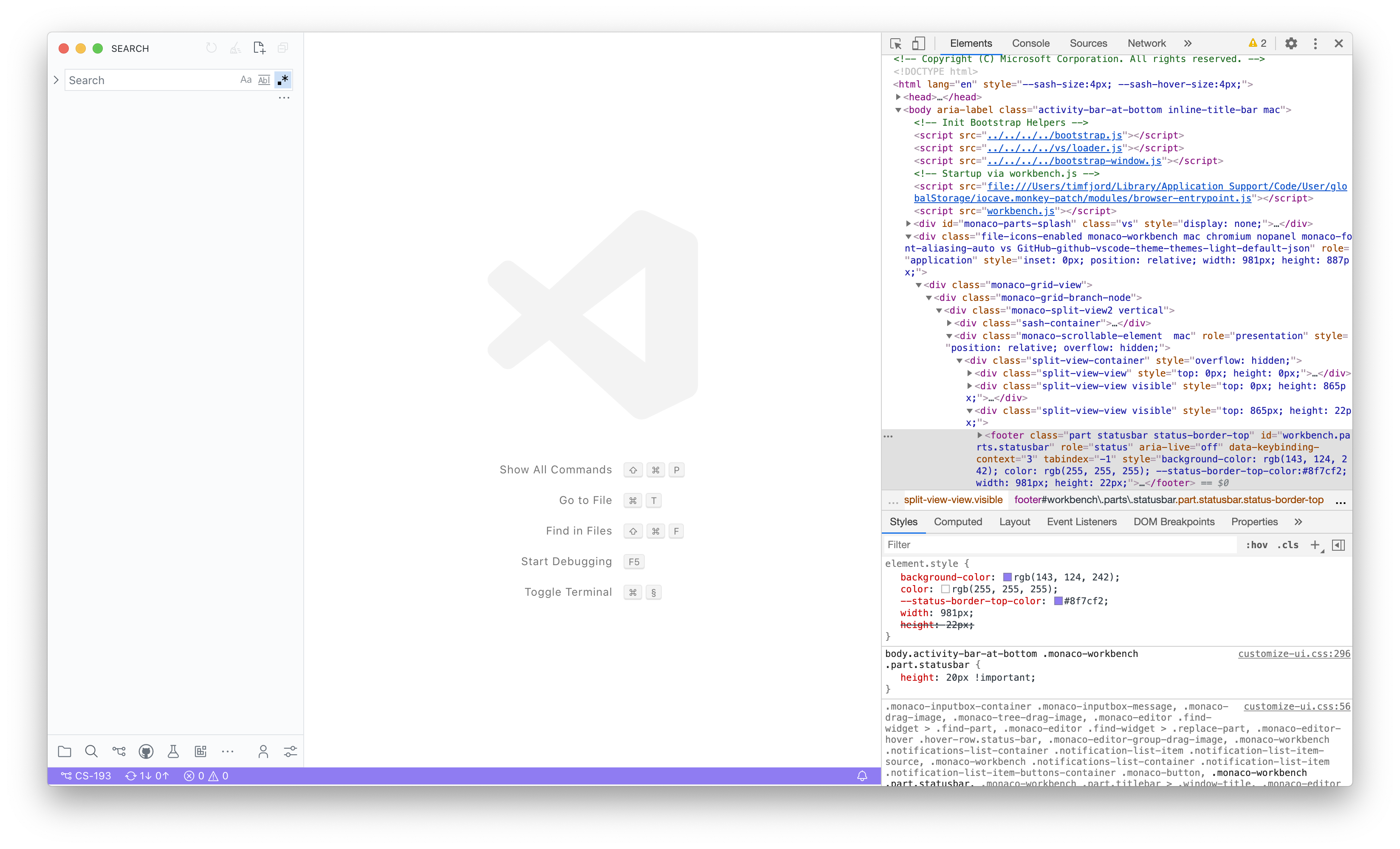 CustomizeUI CSS causes issues when the activity bar is in the bottom position and the status bar ...