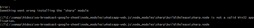 Can't run because node_modules\whatsapp-web.js\node_modules\sharp\build ...