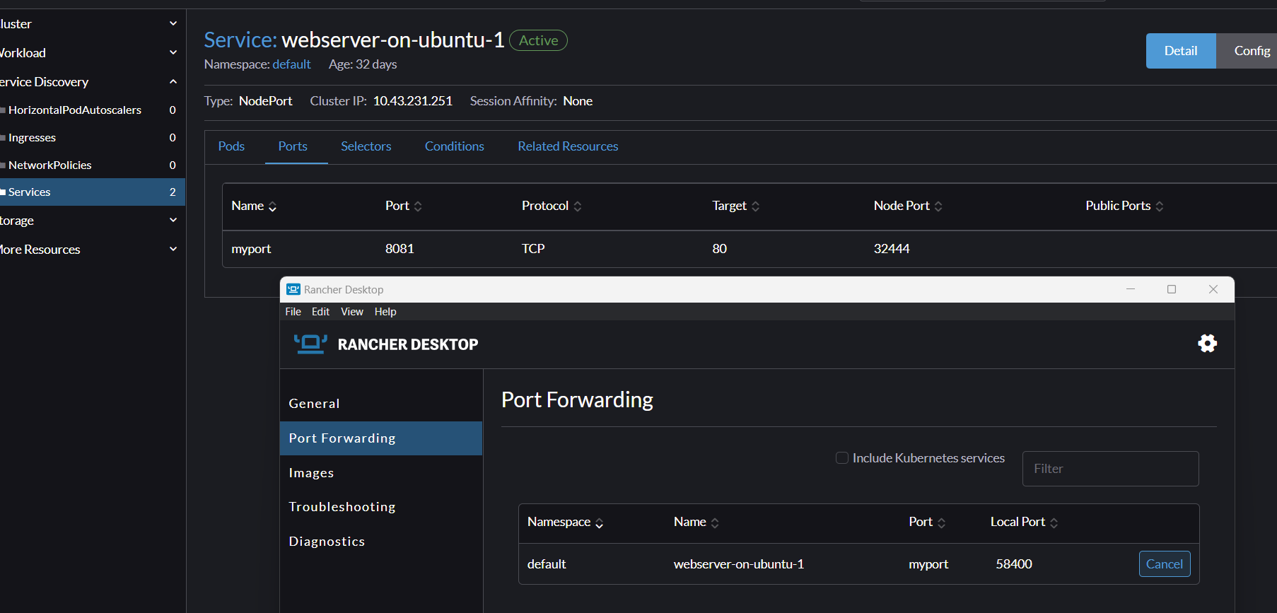 `ClusterIP` service ports forwarded via Port Forwarding tab in UI are ...