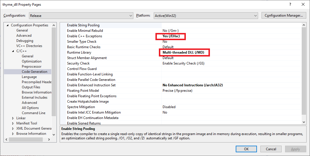 Thyme Release Uses C Exceptions Multi Threaded Dll Not Whole Program Optimization · Issue