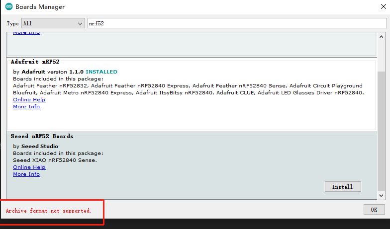 The board can't download on board maneger, "Archive format not ...