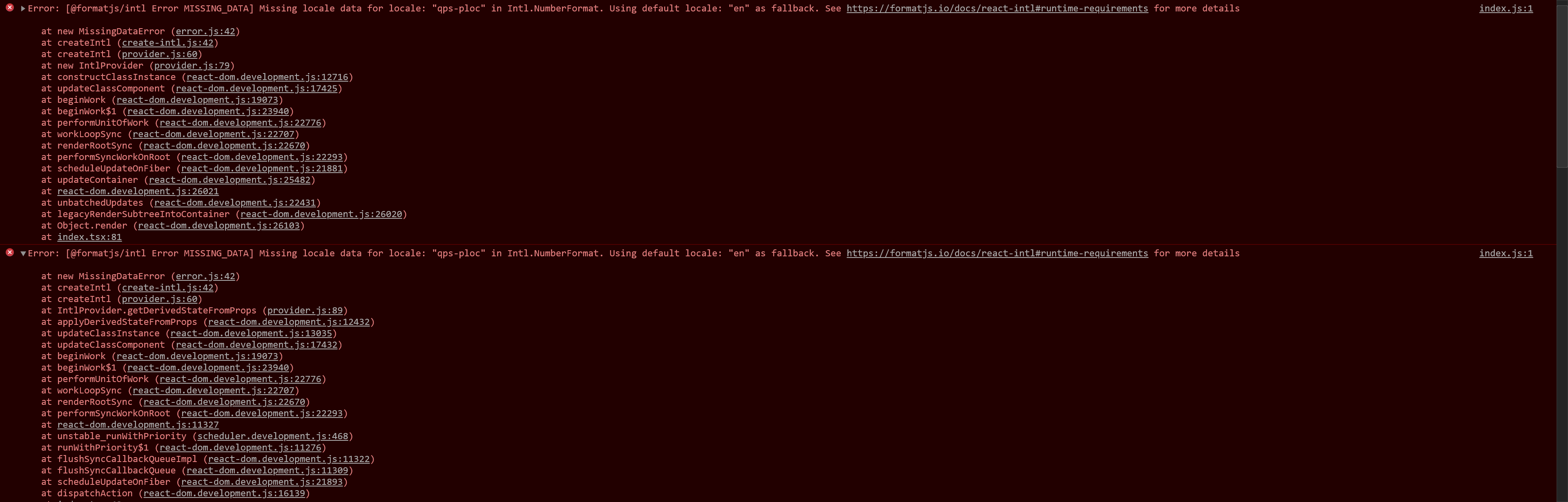 "Missing locale data for locale: "qps-ploc" in Intl.NumberFormat. Using default locale: "en" as ...