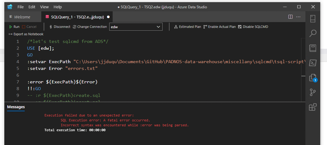 ADS Not Parsing :error in SQLCMD t-sql script · Issue #20325 · microsoft/azuredatastudio · GitHub
