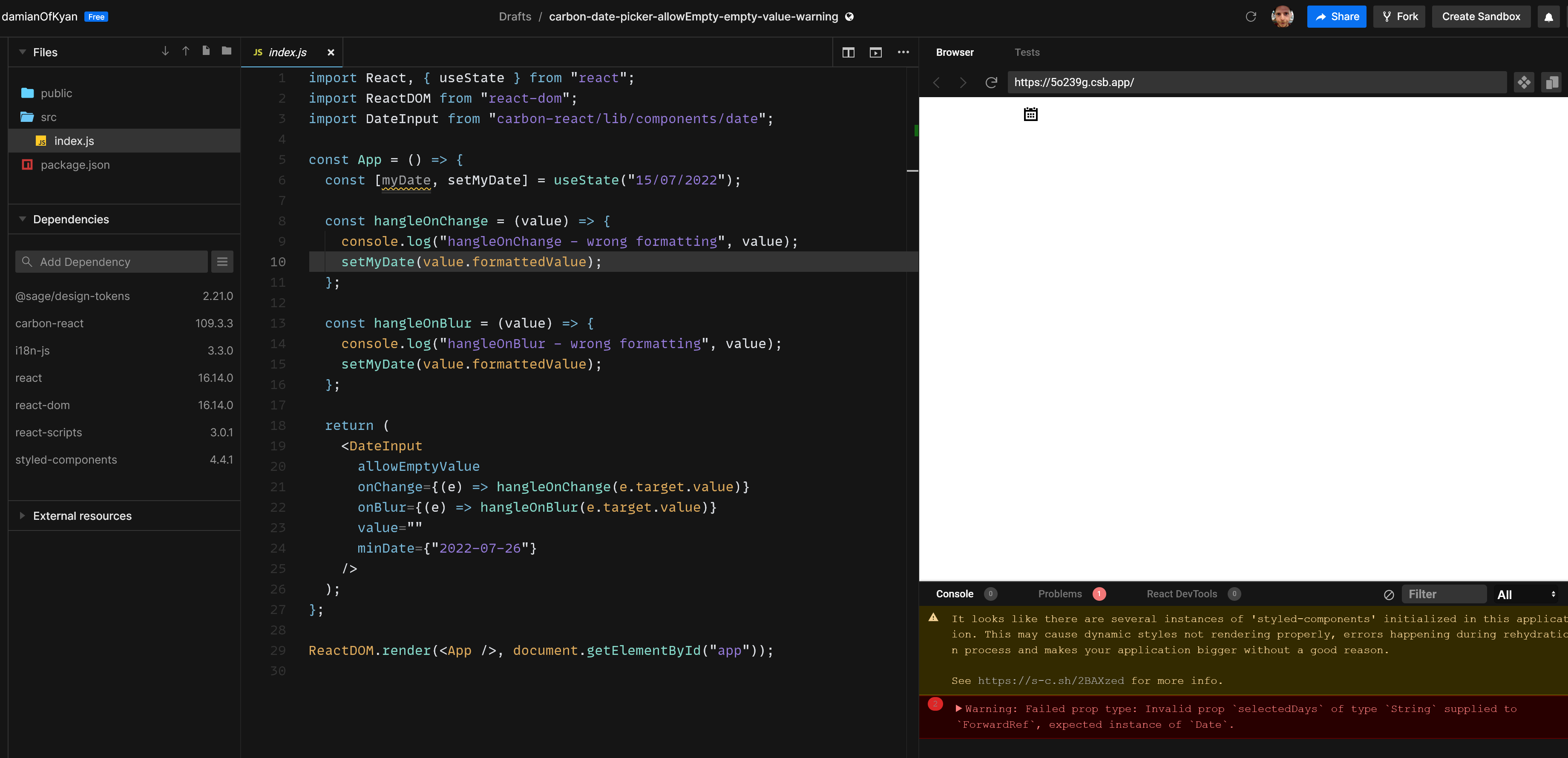 DateInput - allowEmptyValue and empty value prop yields console warning · Issue #5333 · Sage ...