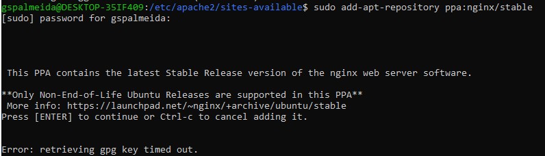 Ubuntu 18.04 - Error: retrieving gpg key timed out. · Issue #4874 · microsoft/WSL · GitHub