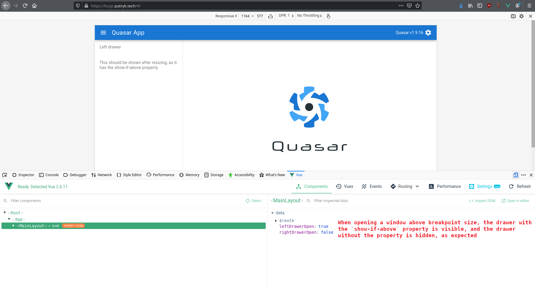QDrawer ignores 'show-if-above' property when window is resized · Issue #6905 · quasarframework ...