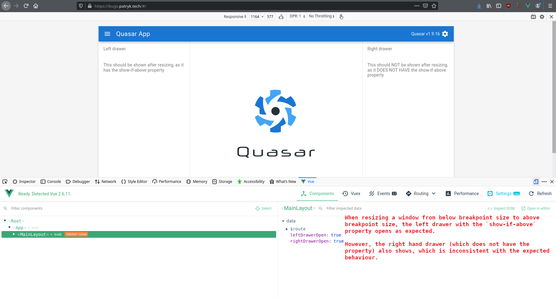 QDrawer ignores 'show-if-above' property when window is resized · Issue #6905 · quasarframework ...