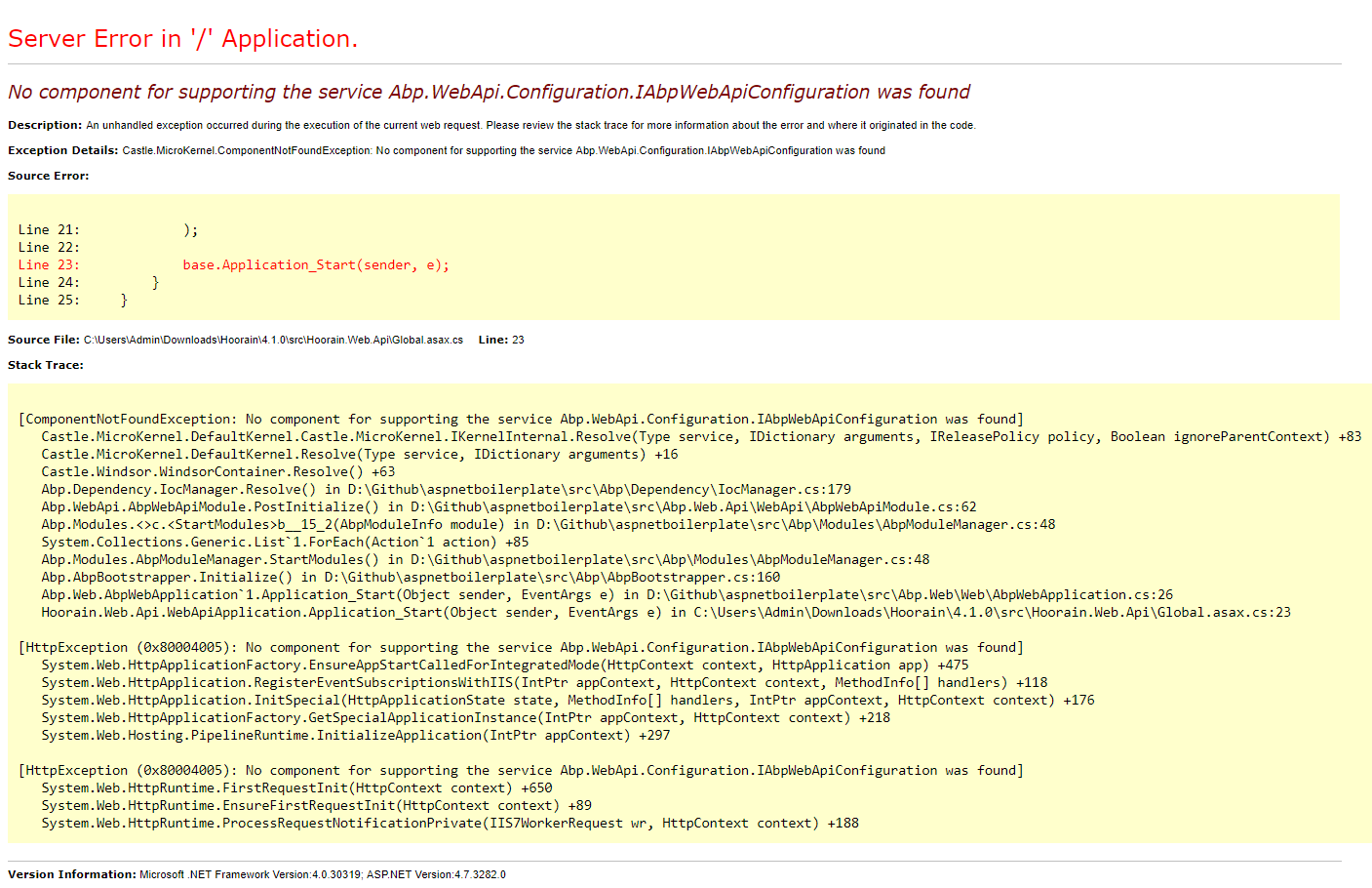 No component for supporting the service Abp.WebApi.Configuration.IAbpWebApiConfiguration was ...