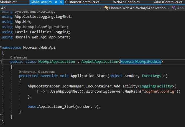 No component for supporting the service Abp.WebApi.Configuration.IAbpWebApiConfiguration was ...