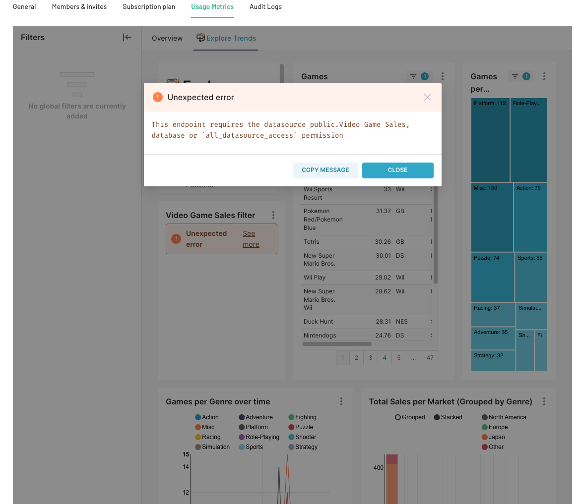 Filter box chart elements are returning an error asking for more permissions when embedded ...