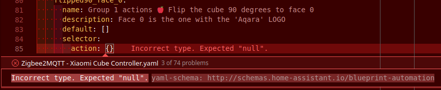 Blueprint Selector Action shows false syntax error -> Incorrect type. Expected "null".yaml ...