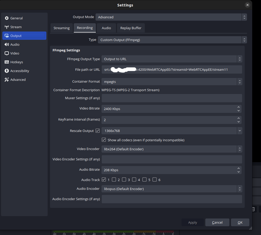 Send stream to Ant Media Server encoded with H264 and Opus through SRT in mpegts format by using ...