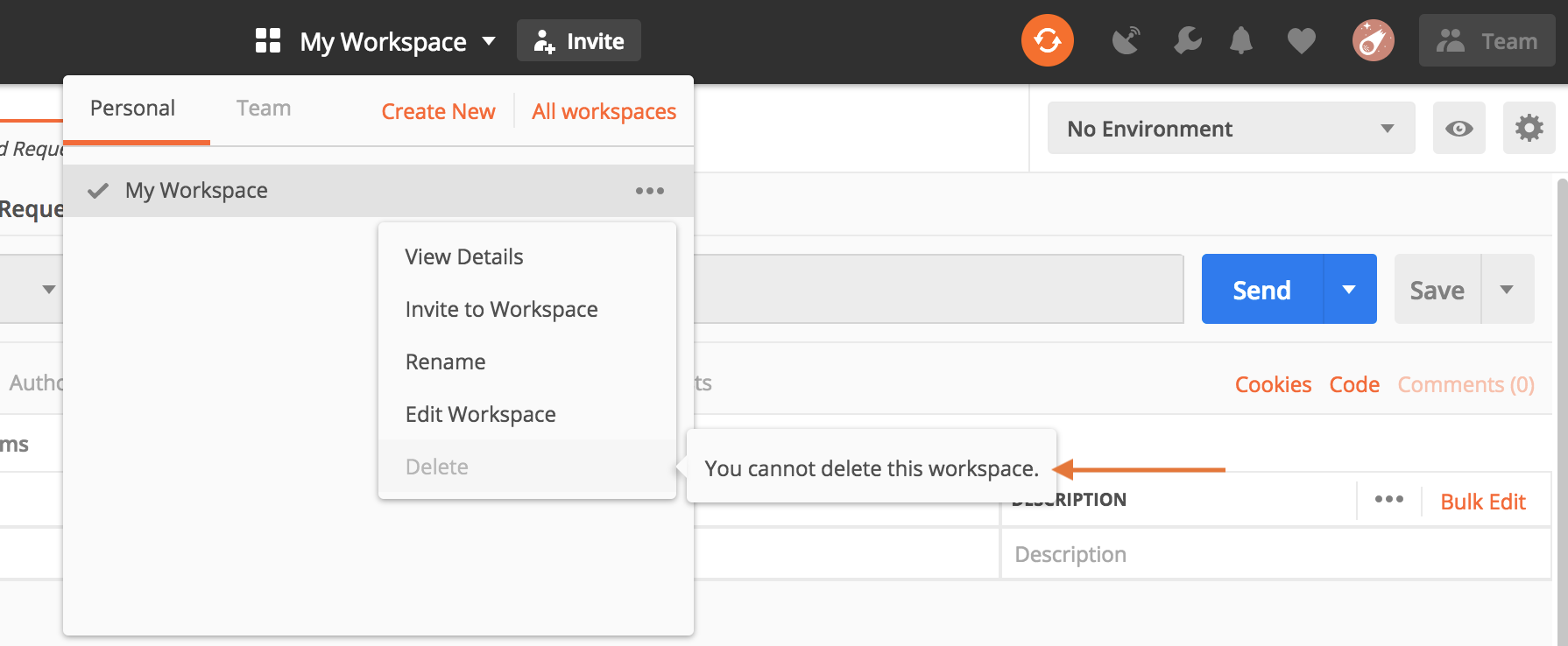 Notification as to why the default team workspace cannot be deleted ...