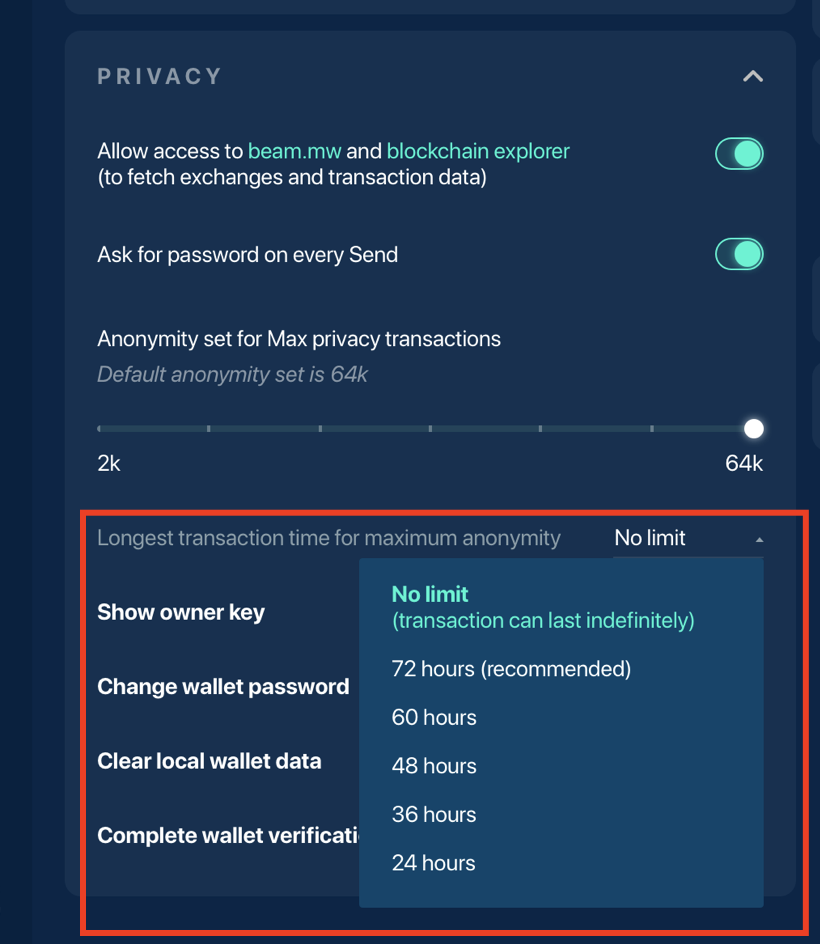 Update "Max Privacy longest transaction time" to "Longest transaction time for maximum anonymity ...