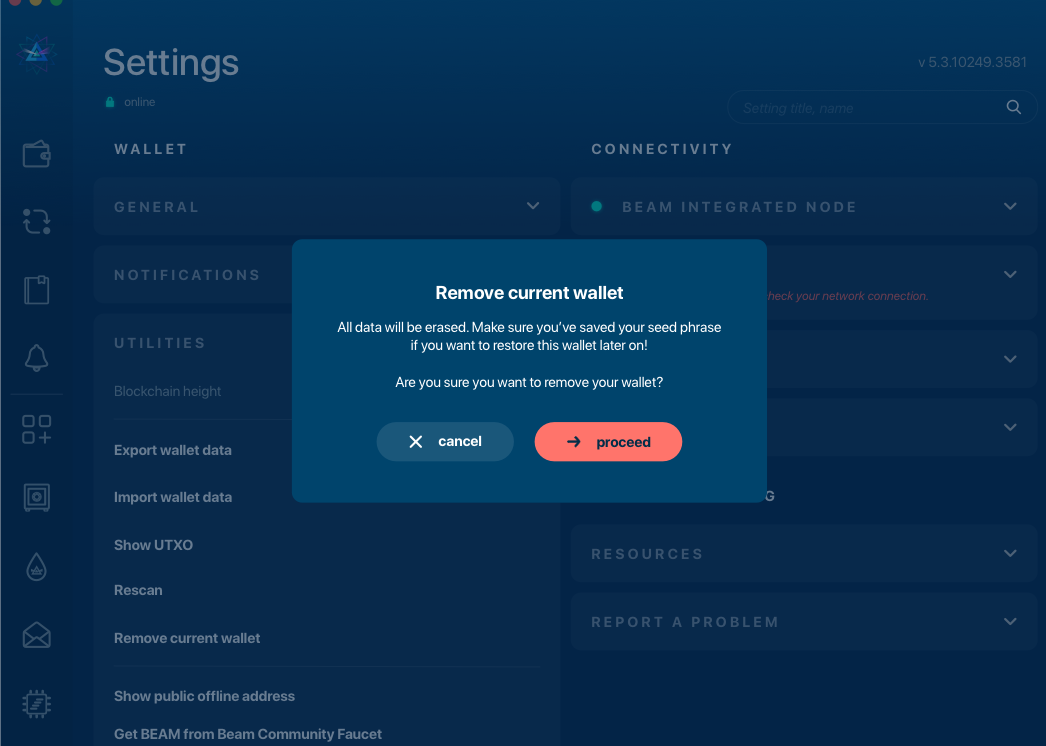 Add "Remove current wallet" to Utilities · Issue #823 · BeamMW/beam-ui · GitHub