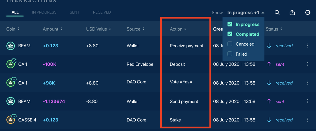 Add "Action" to TX list on Wallet screen · Issue #861 · BeamMW/beam-ui · GitHub