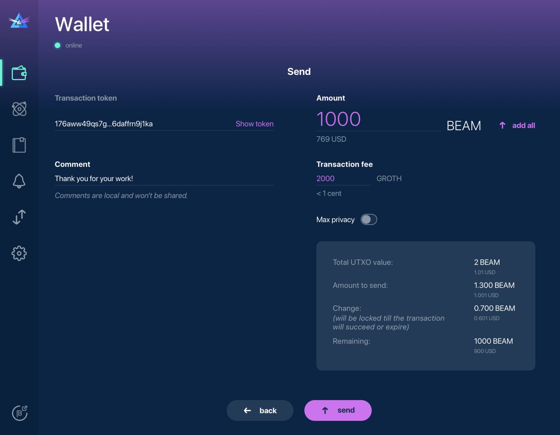 Send screen - Max privacy transaction · Issue #80 · BeamMW/beam-ui · GitHub