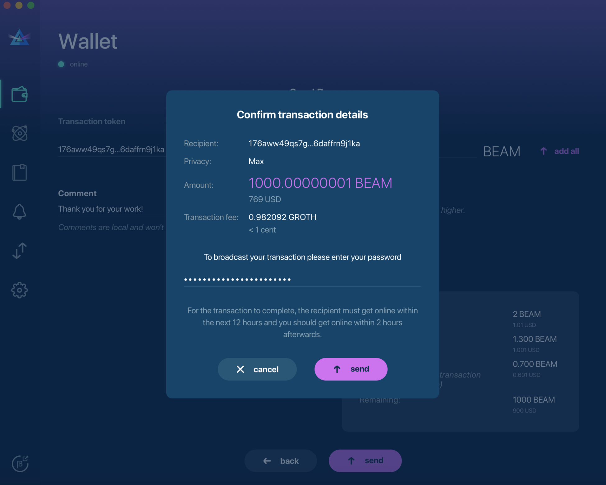 Send screen - Max privacy transaction · Issue #80 · BeamMW/beam-ui · GitHub