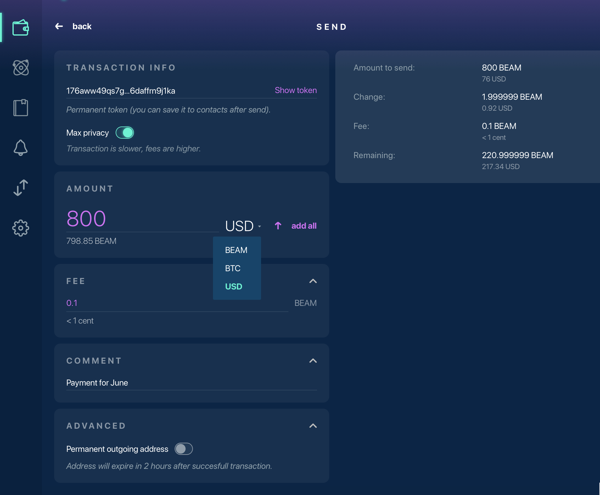 Send screen - Add "advanced" block with outgoing address · Issue #262 · BeamMW/beam-ui · GitHub