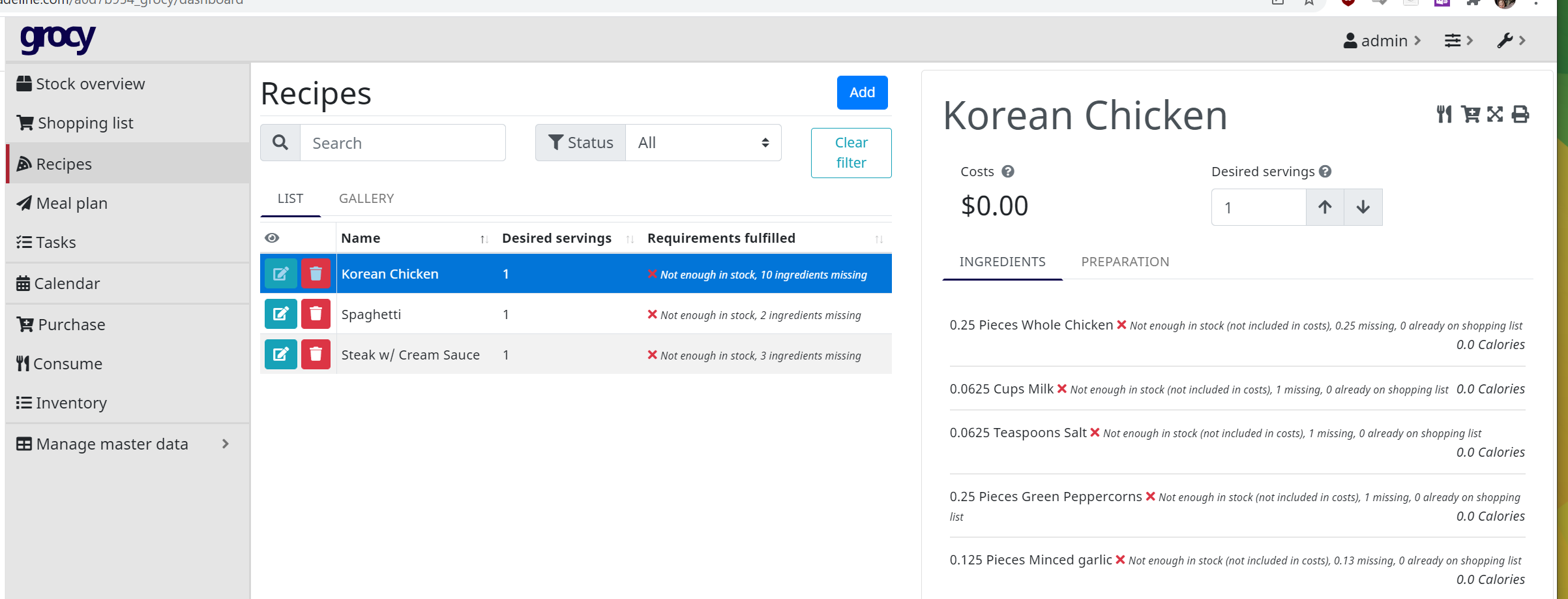 Bug : After clicking save on 'add ingredients' page grocy hangs · Issue #1490 · grocy/grocy · GitHub