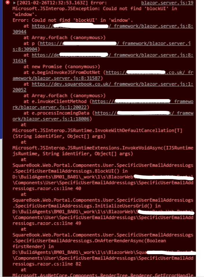 When I open multiple tabs at the same time then I get Microsoft.JSInterop.JSException. Dotnet ...