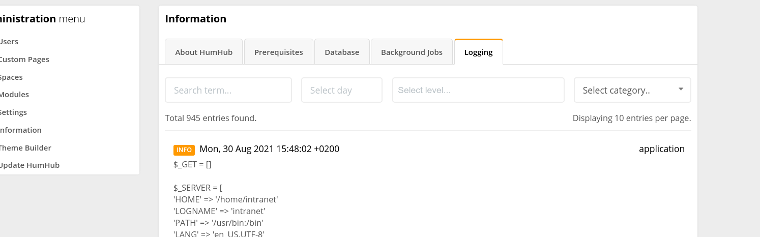 Logging shows not entries · Issue #5265 · humhub/humhub · GitHub