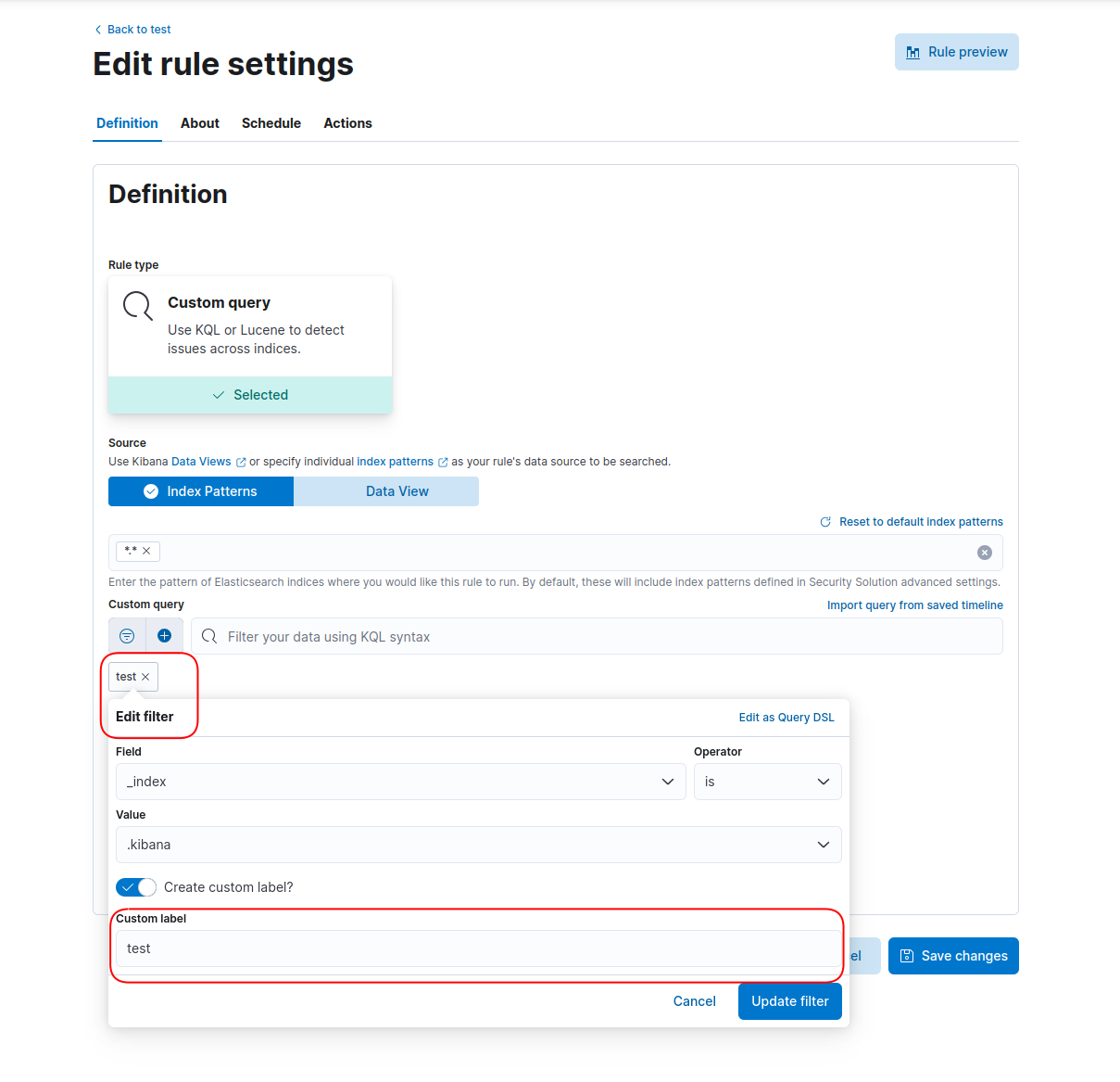 [Security Solution] Custom Query rule with custom labels applied does not show custom labels in ...