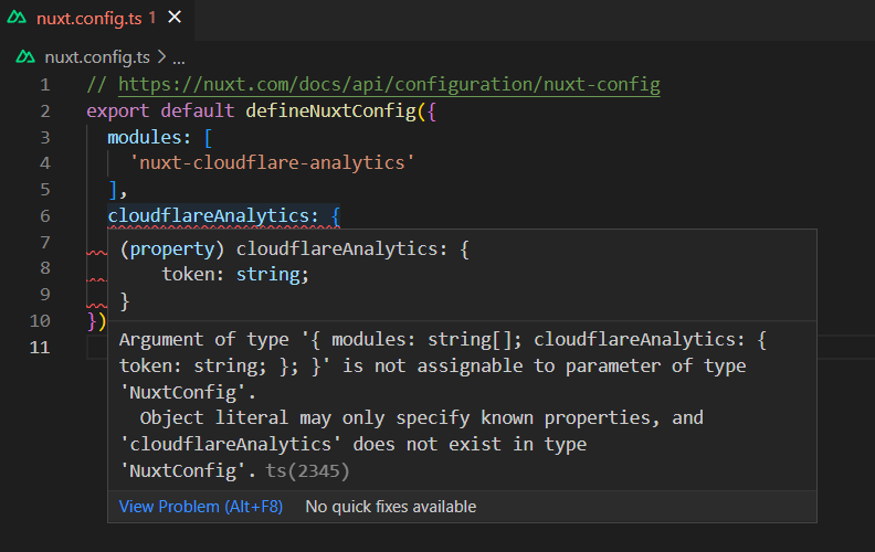 cloudflareAnalytics' does not exist in type 'NuxtConfig' · Issue #2 · hamlogic/nuxt-cloudflare ...