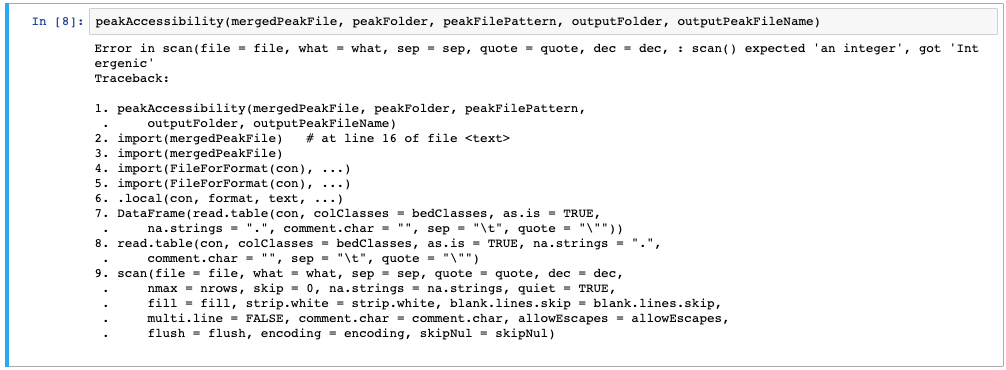 Error in import(mergedPeakFile) : could not find function "import ...