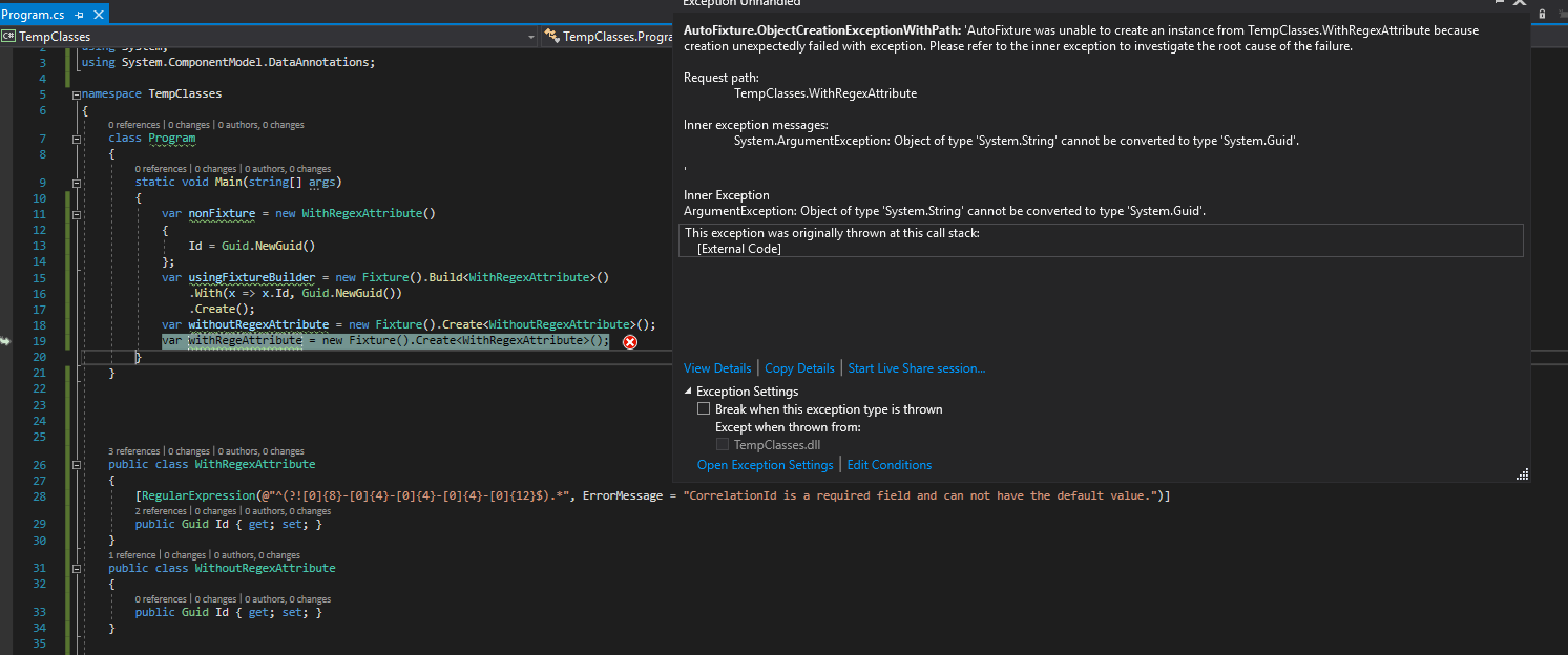 Create object with guid field with validation attribute "RegularExpression" throws 'AutoFixture ...