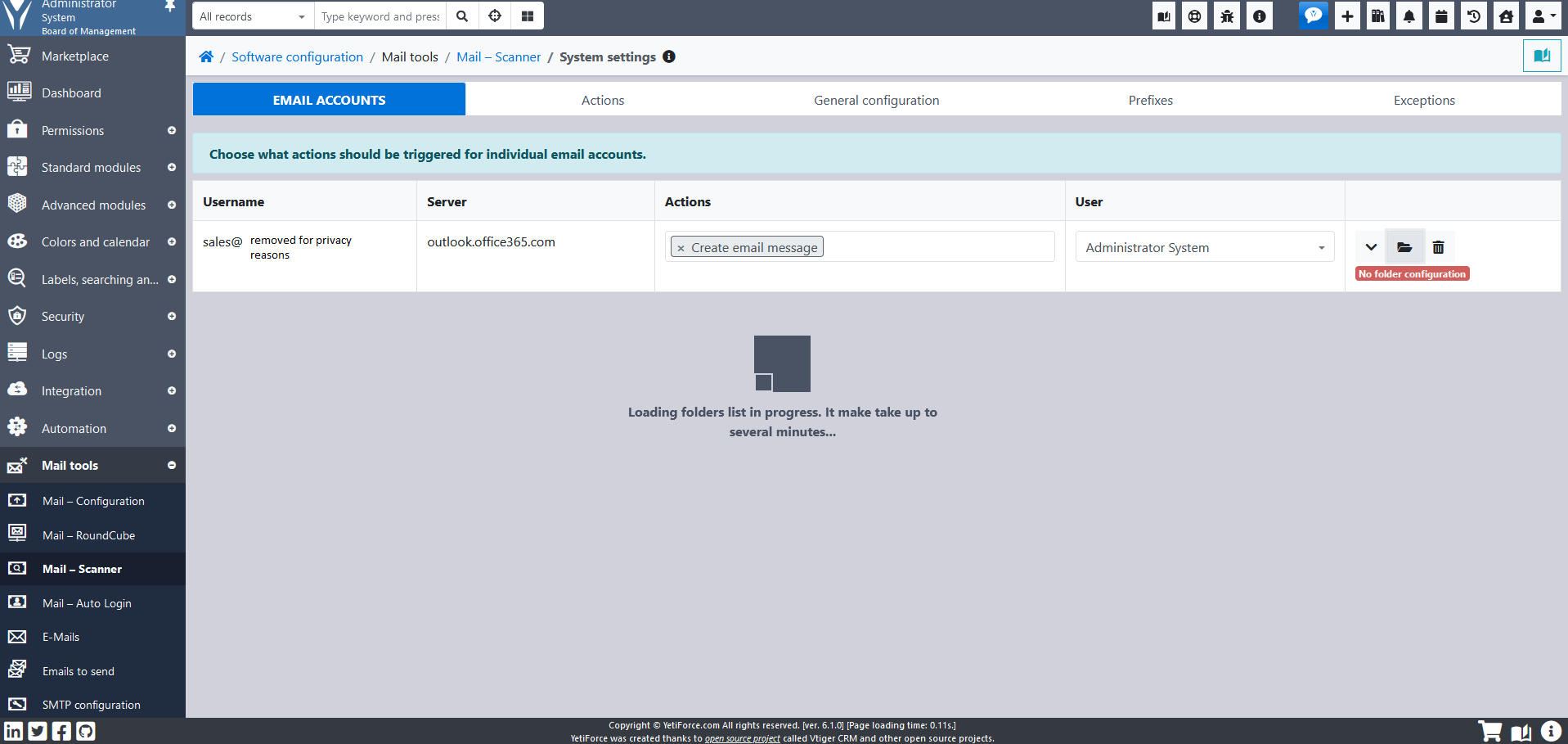 [error] - Error OSSMail_Record_Model::imapConnect({outlook.office365.com:993/imap}): [CLOSED ...