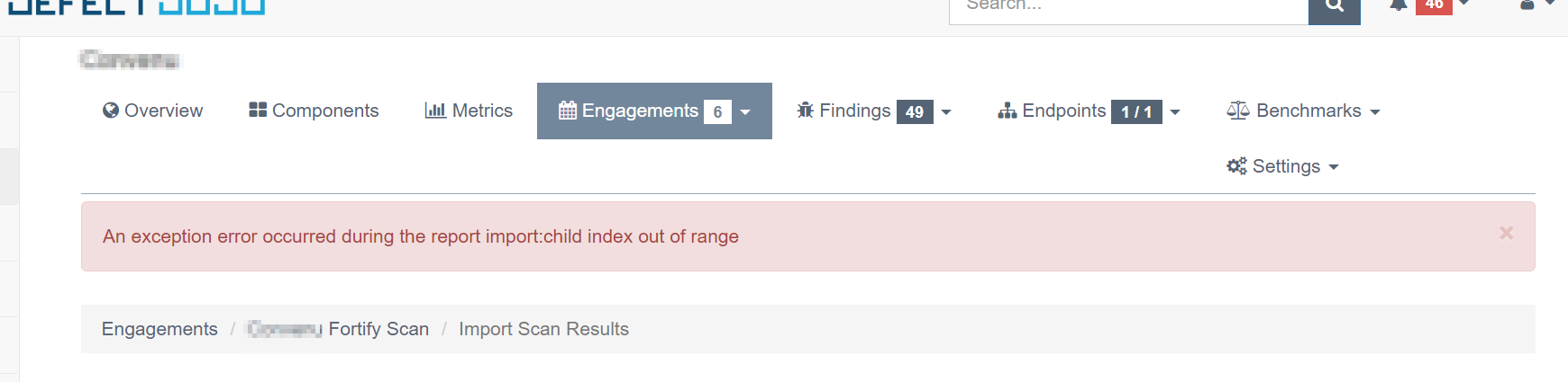 Fortify XML import error: exception error occurred during the report import:child index out of ...